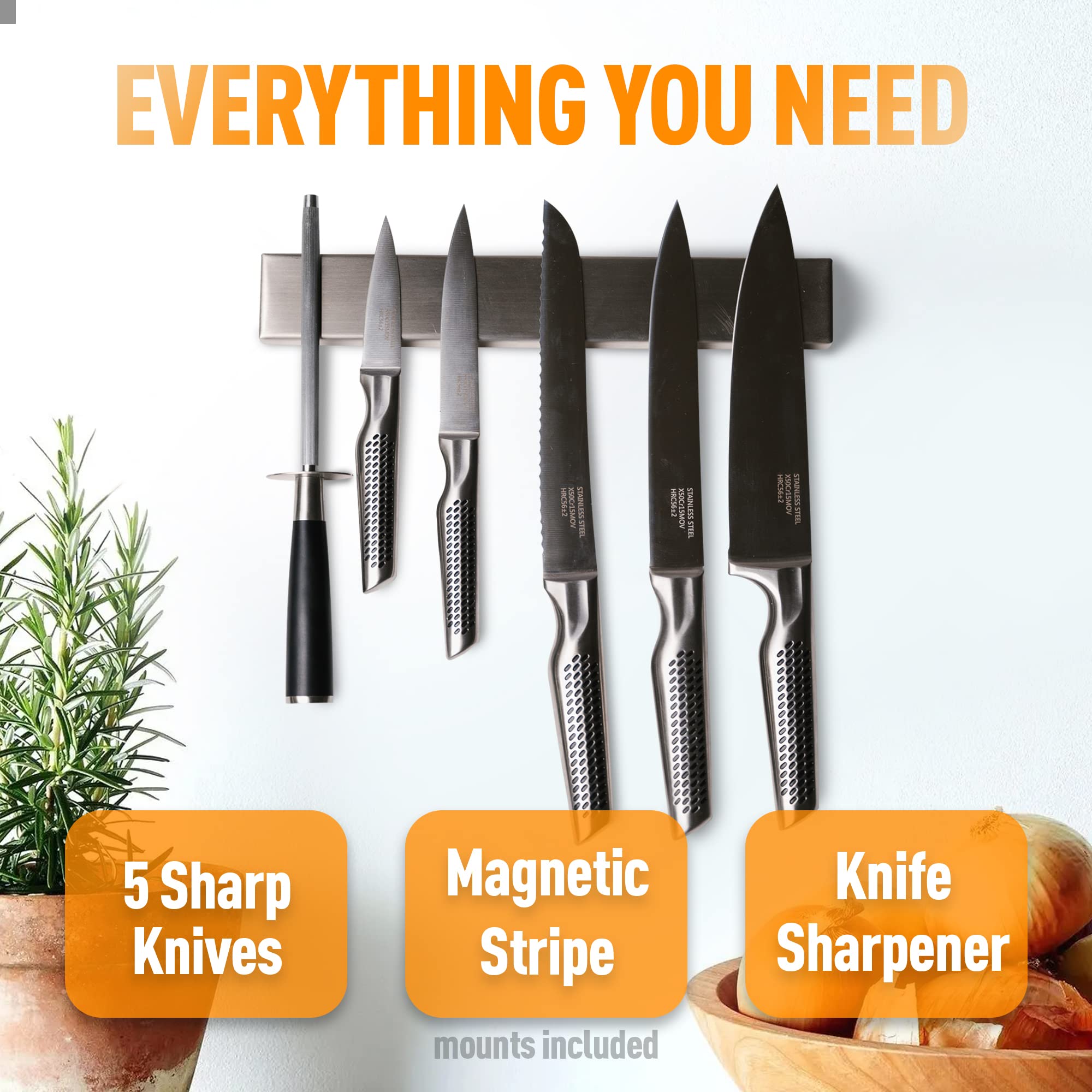 7 Pcs Ultra Sharp Kitchen Chef Knife Set with Magnetic Strip, Sharpener and Gift Box - Professional Stainless Steel Cooking Knives Set for Cutting Meat & Vegetable, Great for Gift