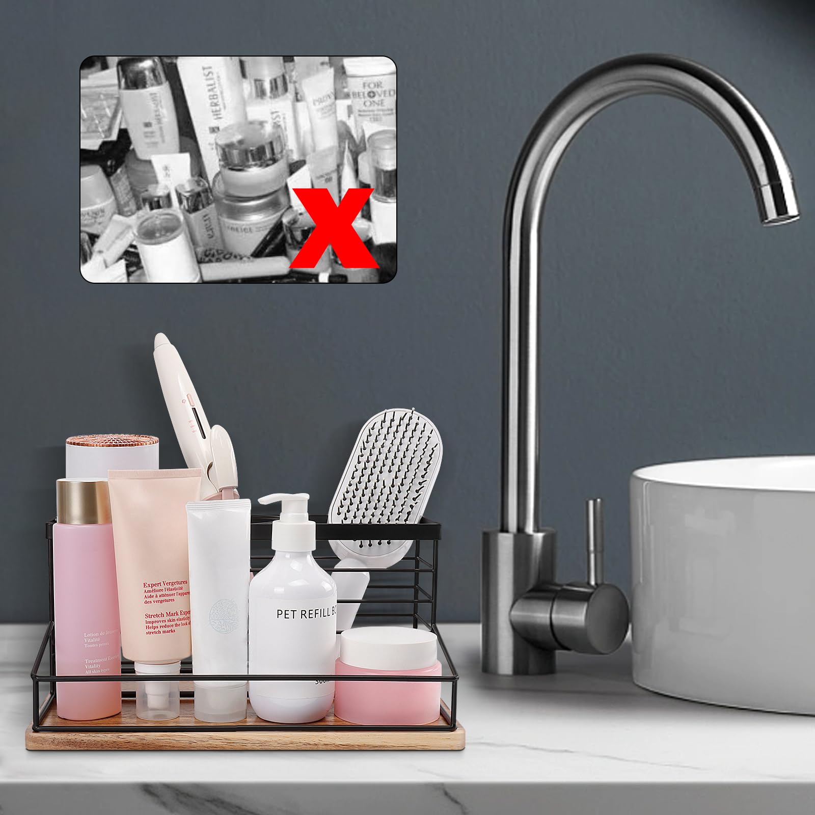 Siyzda Hair Tool Organizer, Movable Hair Dryer Holder, Hair Styling Tools Organizer Storage for Vanity, Black Bathroom Counter Organizer, Bathroom Trays for Hair Toiletry, Makeup (Wooden Base)