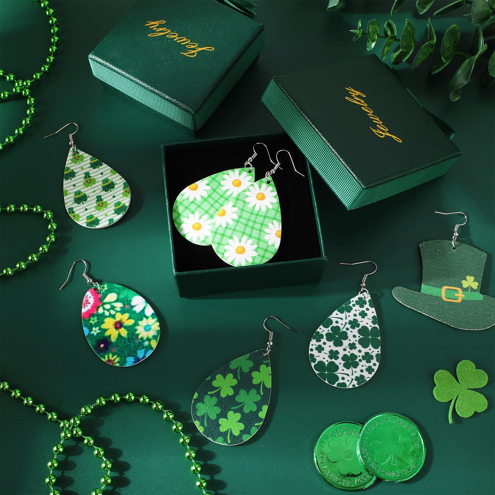 24 Pairs Easter Faux Leather Earring for Women Girls Lightweight Spring Leaf Dangle Teardrop Earrings Set St. Patrick's Day