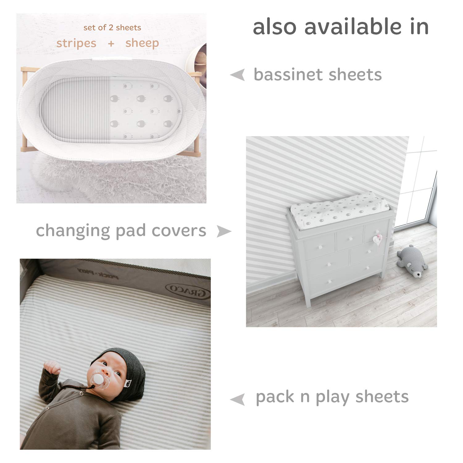 Cuddly Cubs Fitted Crib Sheets Set – 2 Pack – Jersey Cotton Crib Mattress Sheets for Baby Boy, Girl Crib – Grey Stripes, Sheep Toddler Bed Sheets – Fits on Standard 28 x 52 Crib and Toddler Mattress