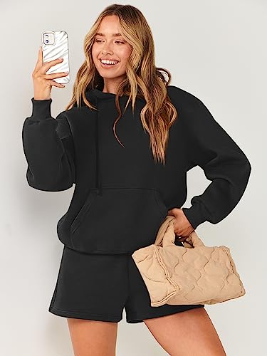 ANRABESS Women 2 Piece Outfits Sweatsuit Set 2023 Fall Two Piece Short Sweat Set Oversized Hoodie Sweatshirt Casual Tracksuit Casual Lounge Matching Set 1048heise-M