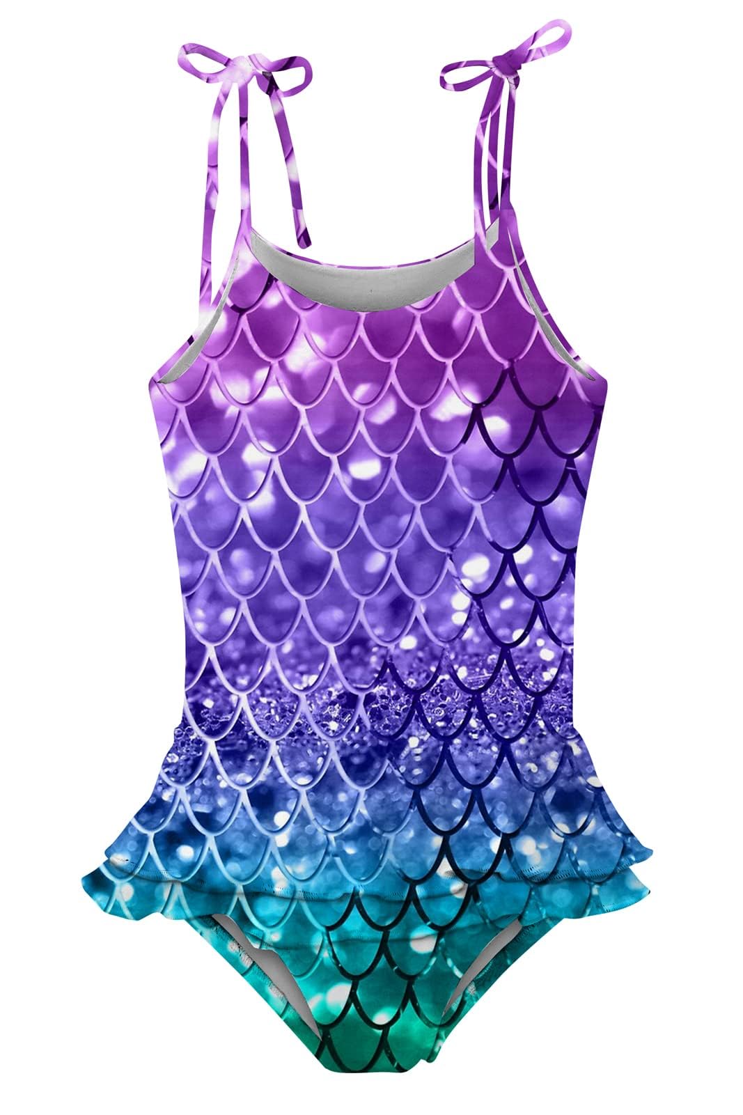 Lovekider Girl One Piece Bathing Suit Ruffle Off Shoulder Swimsuit Purple Mermaid Scales Cute Print Summer Bikini Swimwear 8-9 Years