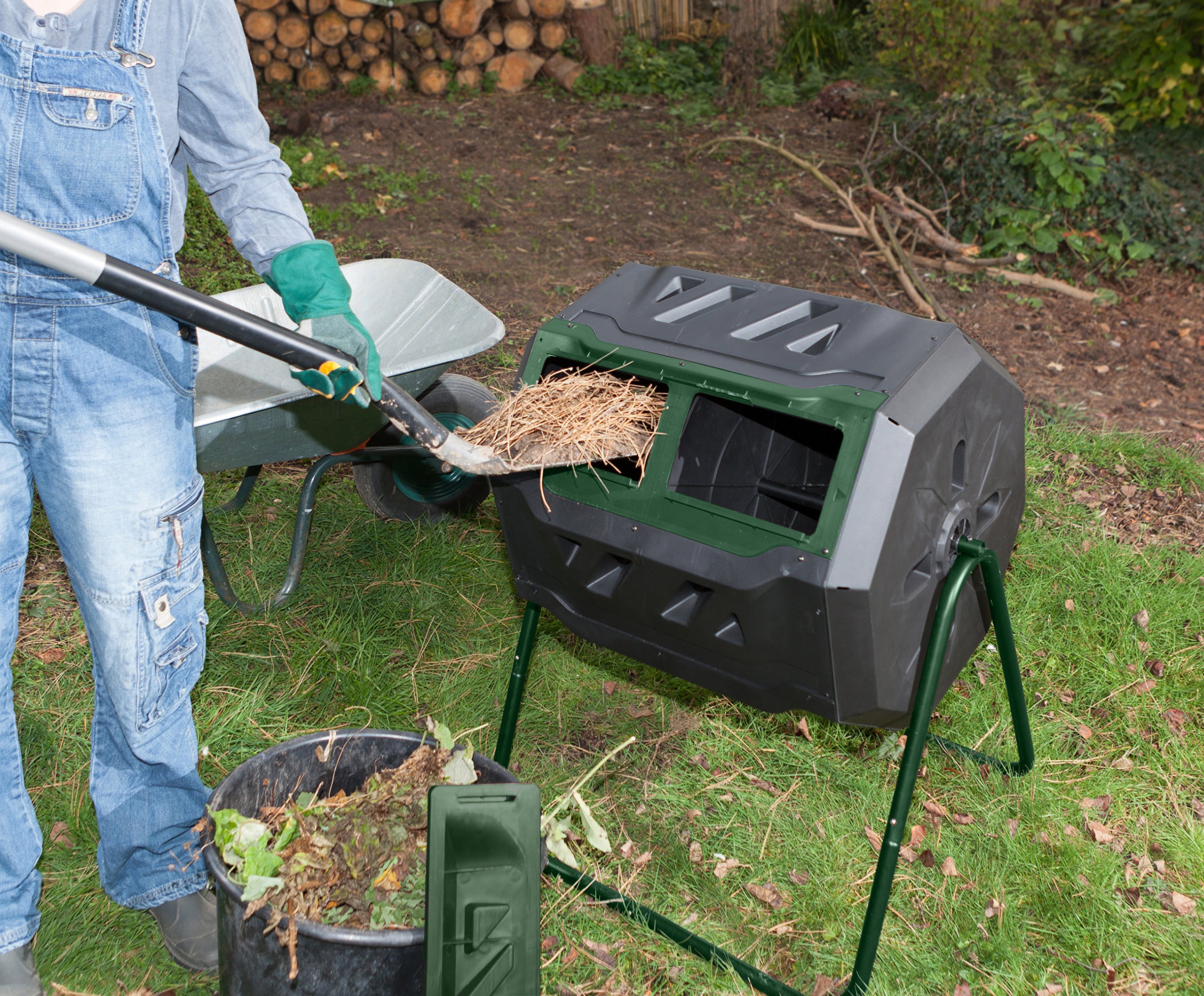 Exaco Trading Company Exaco Mr.Spin Compost Tumbler - 160 Liters / 43 Gallon, Dual Chamber Composter On Two-Leg Stand,Green/Black