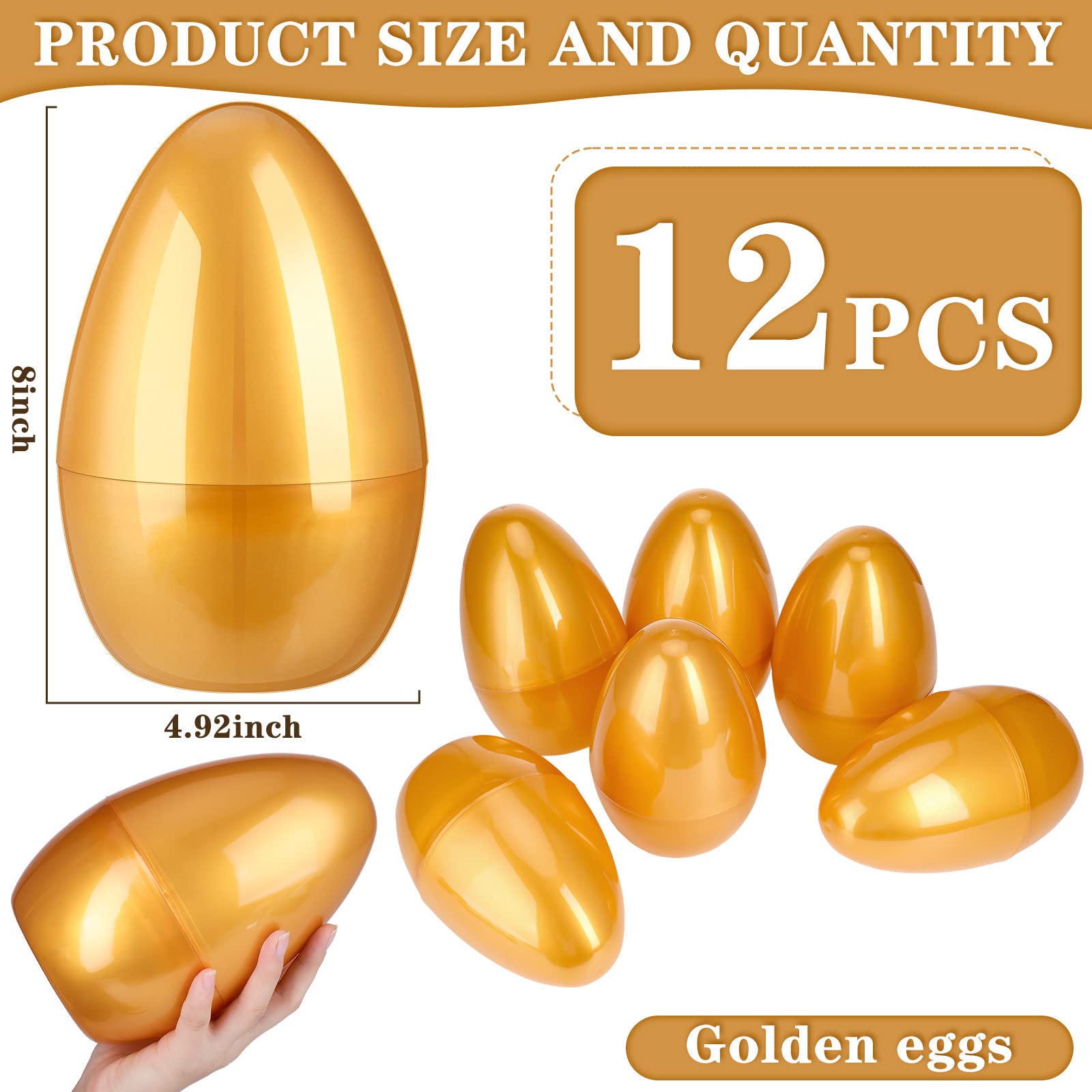 24 Pcs 8'' Jumbo Plastic Easter Eggs Big Fillable Easter Eggs Large Empty Bright Easter Hunt Surprise Eggs for Teens Hunt Game Holiday Party Supplies Basket Fillers Toy Outdoor Decorations (Gold)