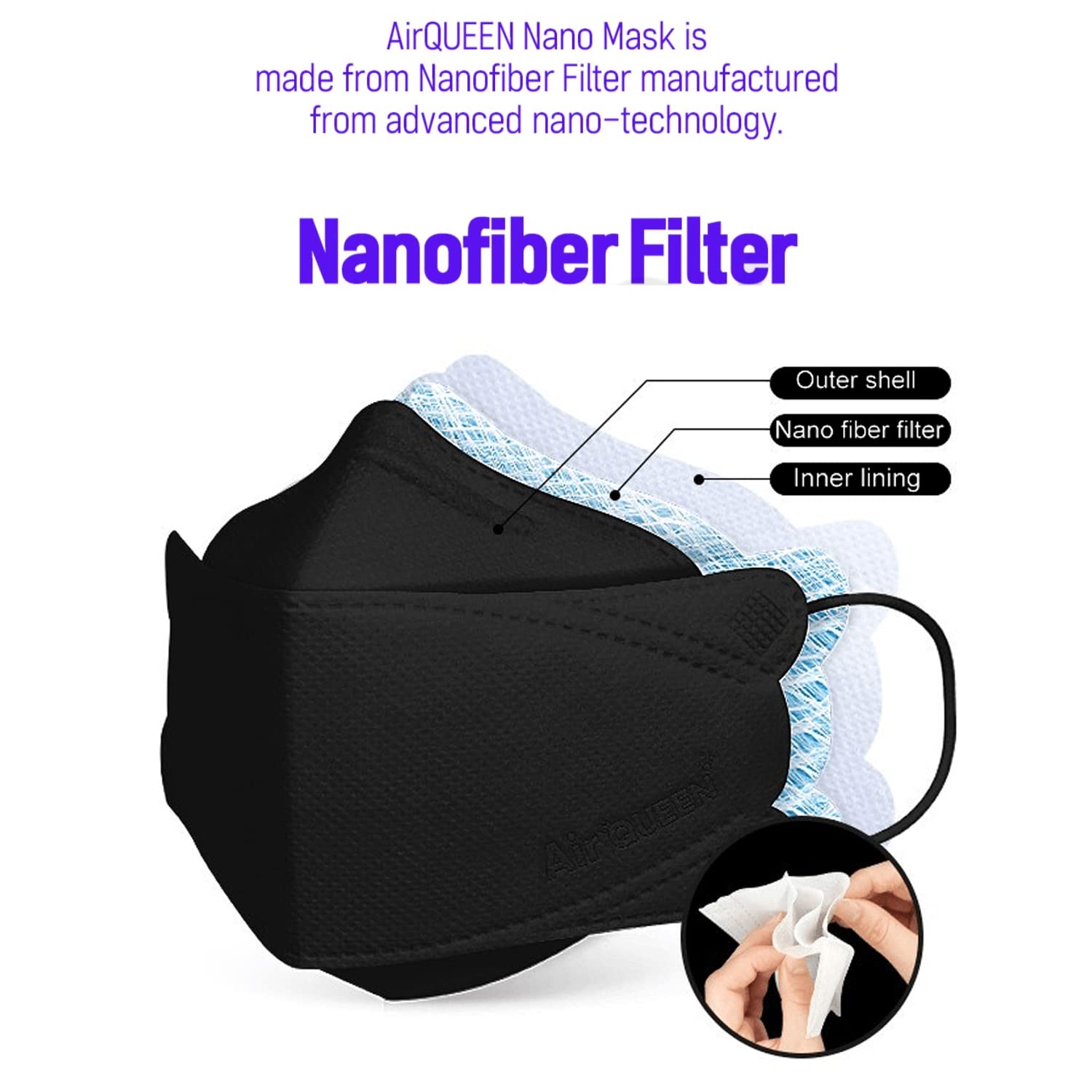 AIRQUEEN 3-Layer Nano-Filter Face Mask for Adults, Black 10 Pack, Lightweight and Breathable Face Mask, Reusable Face Mask
