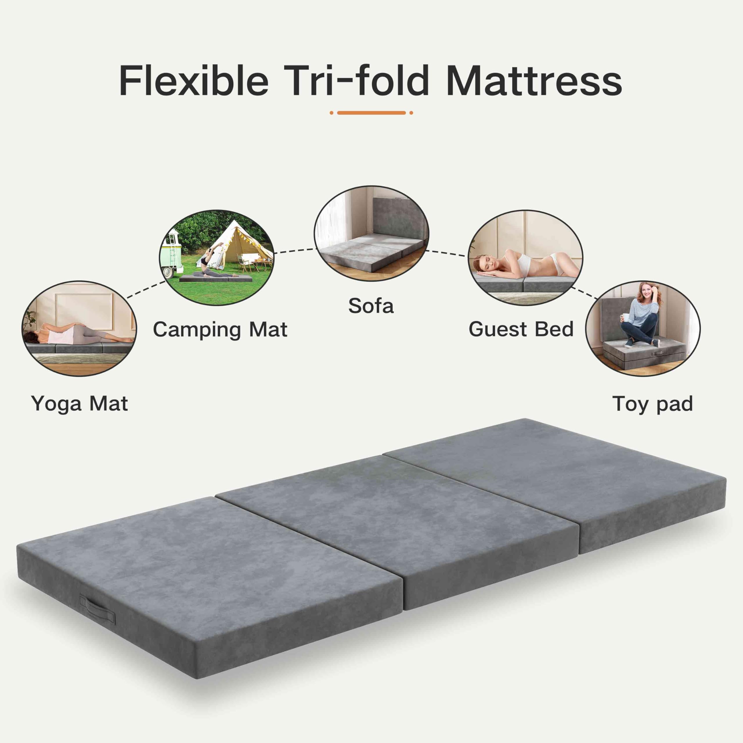 PurrJoys Foldable Full Mattress, 4 Inch Tri-Folding Memory Foam Mattress with Carry Handle, Washable Cover,& Non-Slip Bottom, Foldable Bed for Guests, Travel, Camping, Easy to Carry, Double Mattress