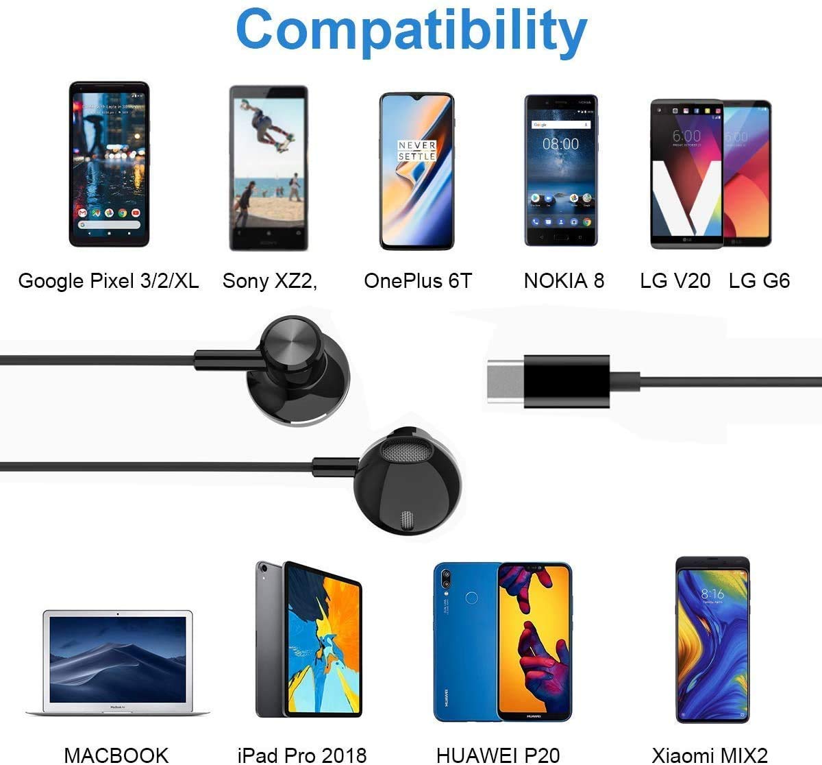 Urban Extreme USB Type C Earphones Stereo in Ear Earbuds Headphones with Microphone Bass Earbud with Mic and Volume Control Compatible with Samsung Galaxy S20 5G UW - Black (US Version with Warranty)