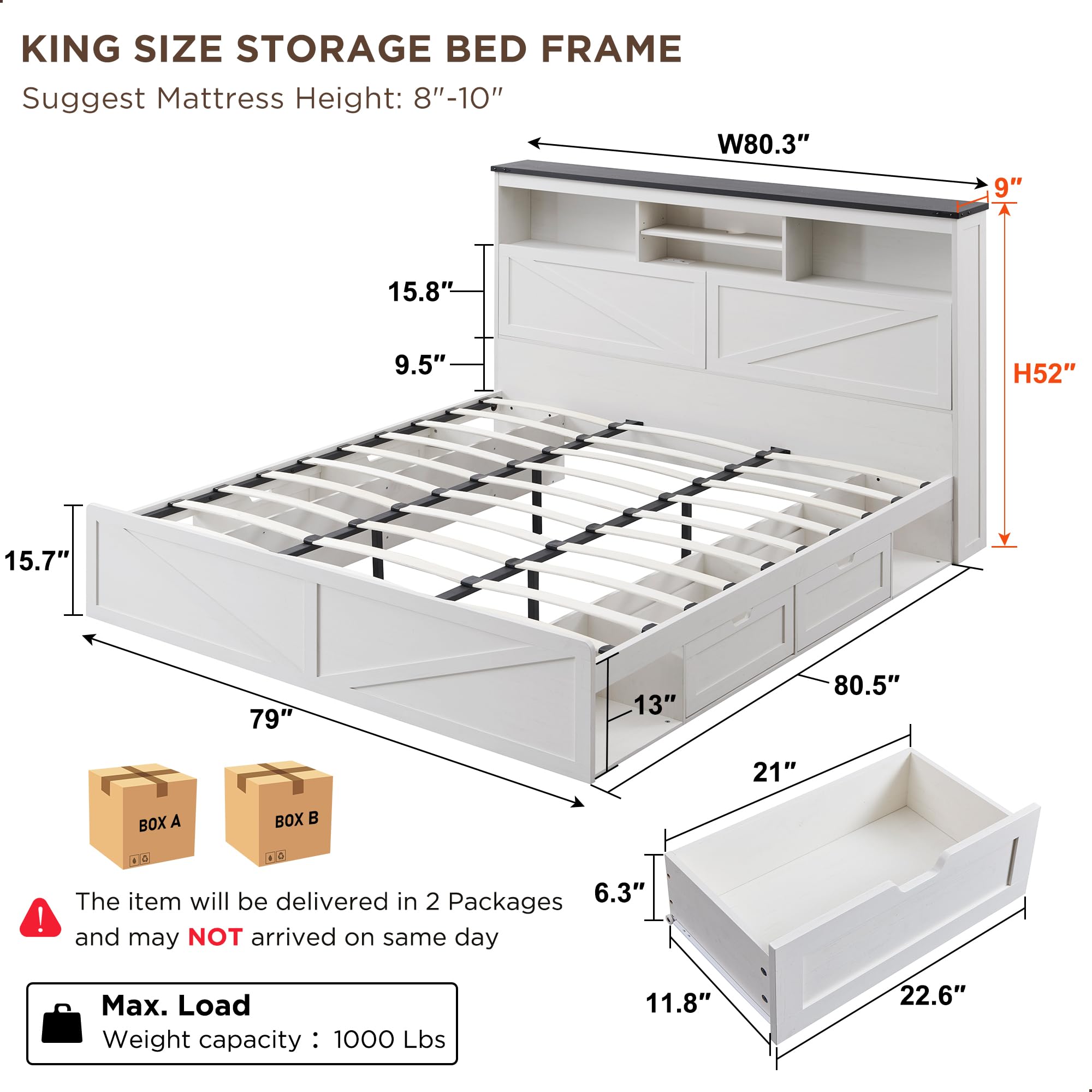 ACCOHOHO Farmhouse King Size Wood Bed Frame with 52" Tall Storage Headboard and 4 Drawers,LED Light,Charging Station,Solid Wood Slats Support,Noiseless,No Box Spring Needed,White