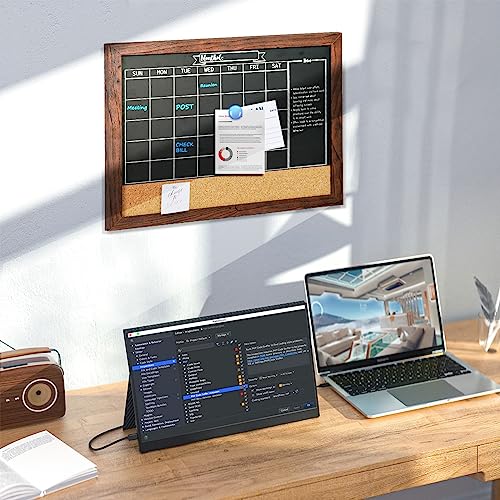 4 THOUGHT Chalkboard Calendar Corkboard Combo, 12" x 16" Small Bulletin Board Magnetic Calendar Chalkboard for Wall Combination Board Monthly Planner Rustic Brown Frame 1 Markers 6 Magnets 4 Pushpins