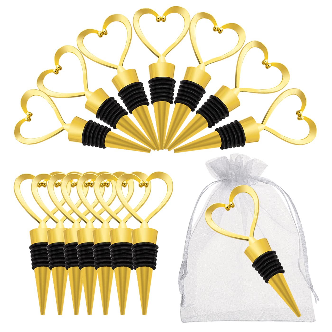 50Pieces Love Design Heart Shape Wine Stoppers for Wedding Favors,Party Return Gifts for Guests, with White Sheer Bag and Blessing Card (gold)