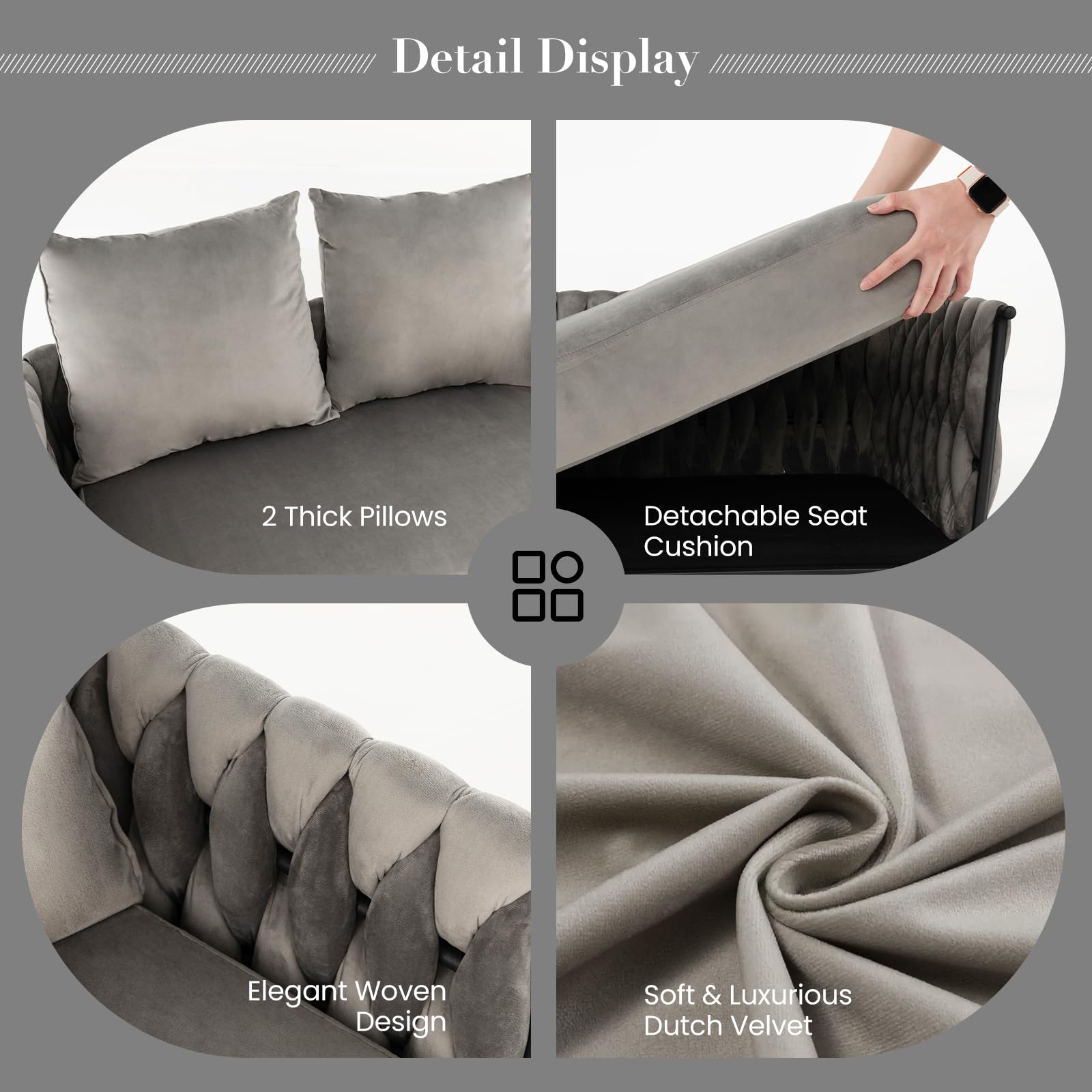 KOMFOTT 43” Loveseat Sofa, Modern Upholstered 2-Seat Sofa with 2 Back Pillows, Woven Backrest & Armrest, Mid Century Modern Dutch Velvet Sofa for Living Room Bedroom Apartment (Gray)