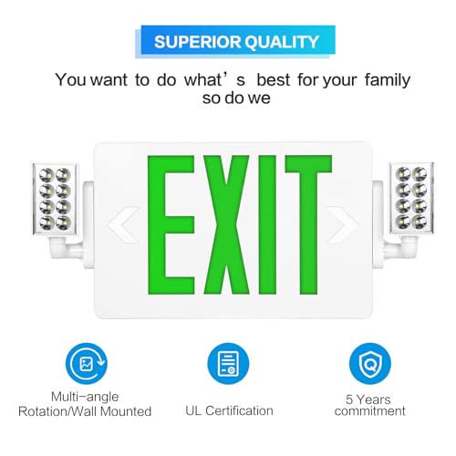 Spectsun 1 Pack Exit Signs with Emergency Lights,120-277VAC -LED Combo Emergency Light with Backup Battery-Double Face UL Listed Green Letter Exit Sign Lighting-Hard Wired-Fire Resistant