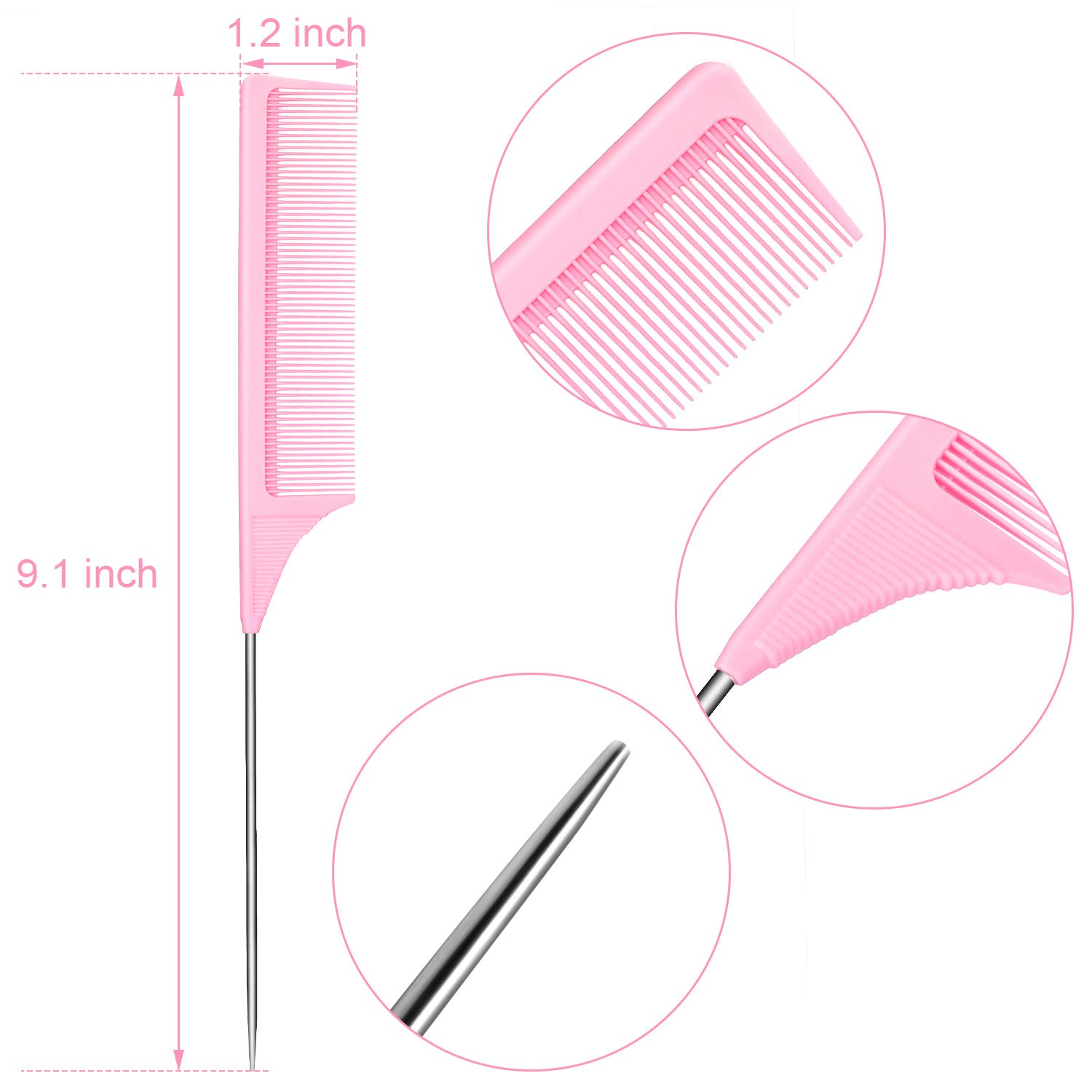 3 Packs Rat Tail Comb Steel Pin Rat Tail Carbon Fiber Heat Resistant Teasing Combs with Stainless Steel Pintail (Pink)