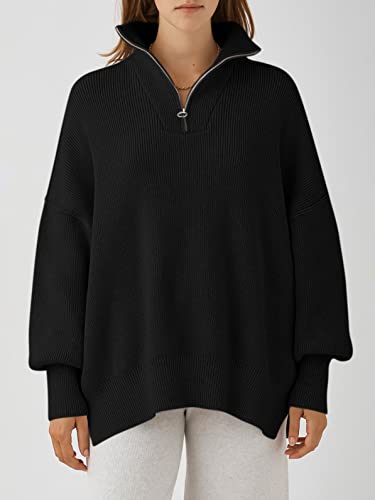 ANRABESS Women's 2023 Fall Oversized Sweater Quarter Zipper Long Sleeve Collar Drop Shoulder Half Zip Casual Slouchy Ribbed Knit Slit Side Sweatshirt Pullover Top 566heise-XS Black