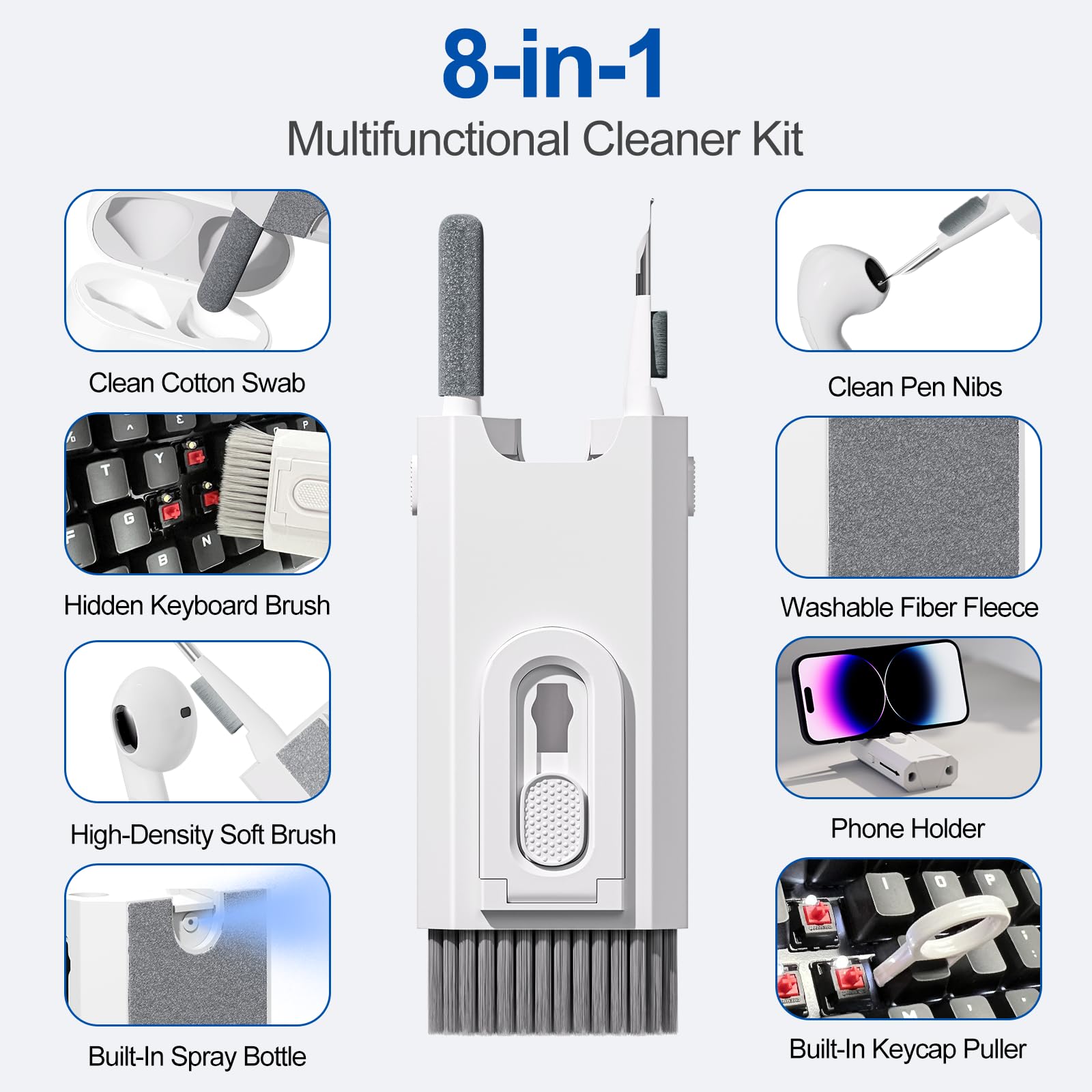 8-in-1 Airpod Cleaner Kit & 2 Extra Cleaning Cloths, Airpods Cleaning Kit, Phone Cleaning Kit, Screen Cleaner, Laptop Cleaning, Keyboard Cleaner, Device Cleaning Kit for Earbuds/MacBook/Earphone