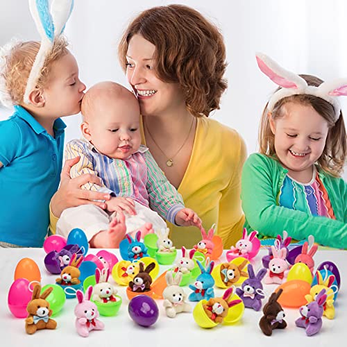 24 Pcs Filled Easter Eggs with Plush Bunny,Colorful Easter Eggs Prefilled with Plush Bunnies,Plush Animals Stuffed Toy for Kids Toddlers Easter Egg Hunt,Easter Basket Stuffers and Easter Party Favors