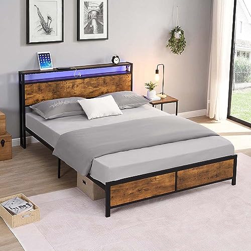 Anwick Metal Full Bed Frame with Storage Headboard and 2 USB Ports,Industrial Bed Frame Full Size with LED Lights and Underneath Storage,Noise Free, No Box Spring Needed(Full)