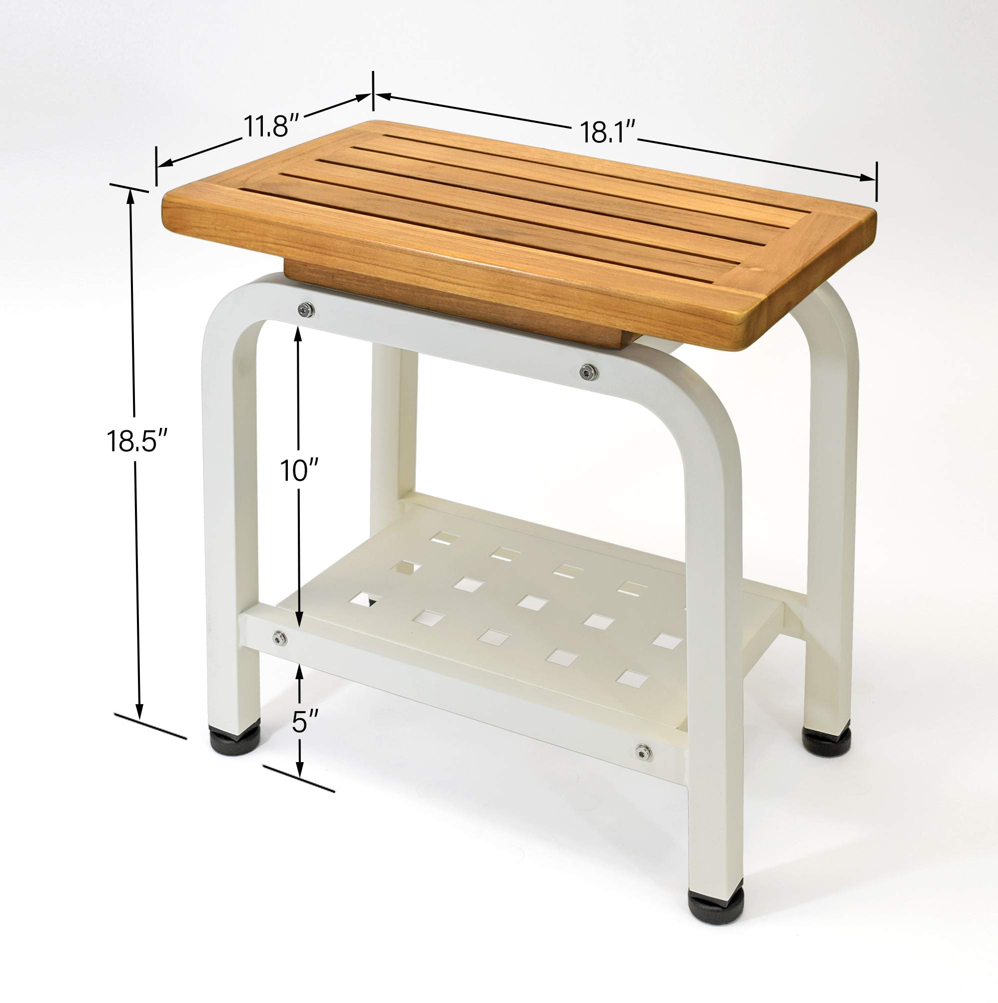 Aman Shower Bench, Teak & Aluminum Shower/Bath/Spa/Patio Stool Bench, Chair/Side Table with Storage Shelf for Indoor/Outdoor, Adjustable TPR Foot Pads, B101/BGE (Light Beige)