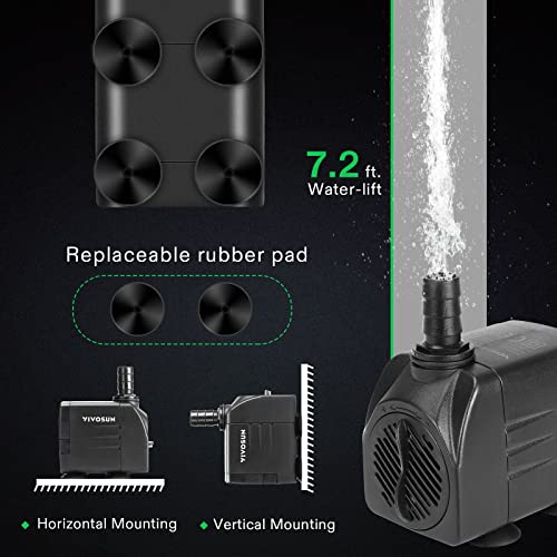 VIVOSUN 480GPH Submersible Pump(1800L/H, 25W), Ultra Quiet Water Pump with 7.2ft High Lift, Fountain Pump with 5ft Power Cord, 3 Nozzles for Fish Tank, Aquarium, Statuary, Hydroponics