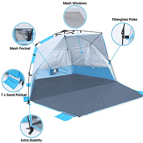 ABCCAMPING Beach Tent Instant Pop up Sun Shade Shelter for 4-6 Person with UV Protection,Extended Floor,3 Mesh Roll Up Windows with Carry Bag, Sandbags, Stakes(Sky Blue)