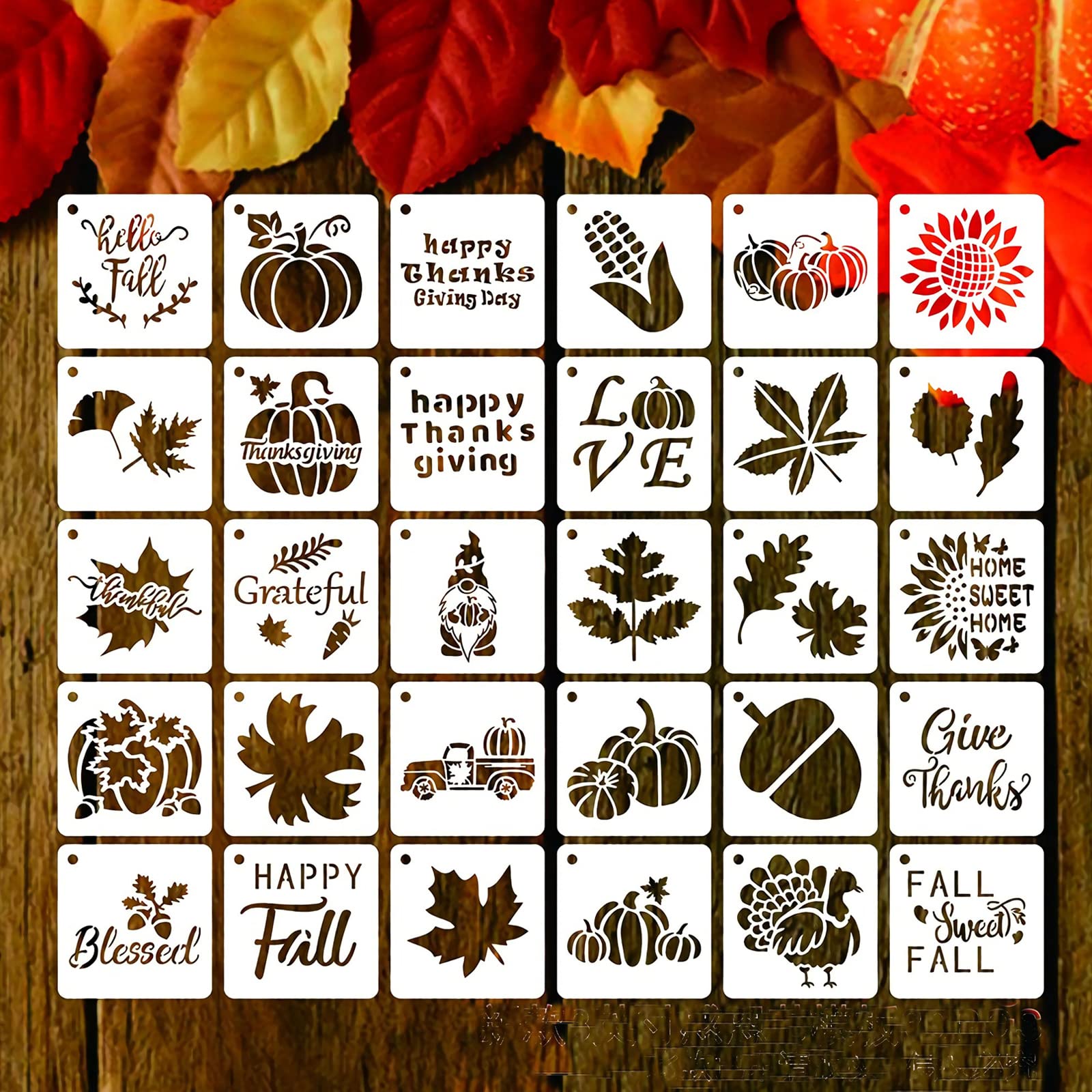 30PCS Fall Stencils 3x3" Reusable Small Thanksgiving Stencil Pumpkin Maple Leaf Autumn Templates for Painting on Wood, Paper, Board, Cards for Thanksgiving DIY Crafts Home Decorations