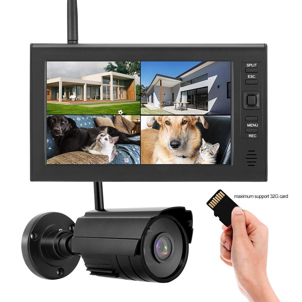 Outdoor Security Camera, Home Security Surveillance Camera, Night Vision, Motion Detection and Remote View with 4CH Surveillance Monitor System Display and TF Card (US Plug)