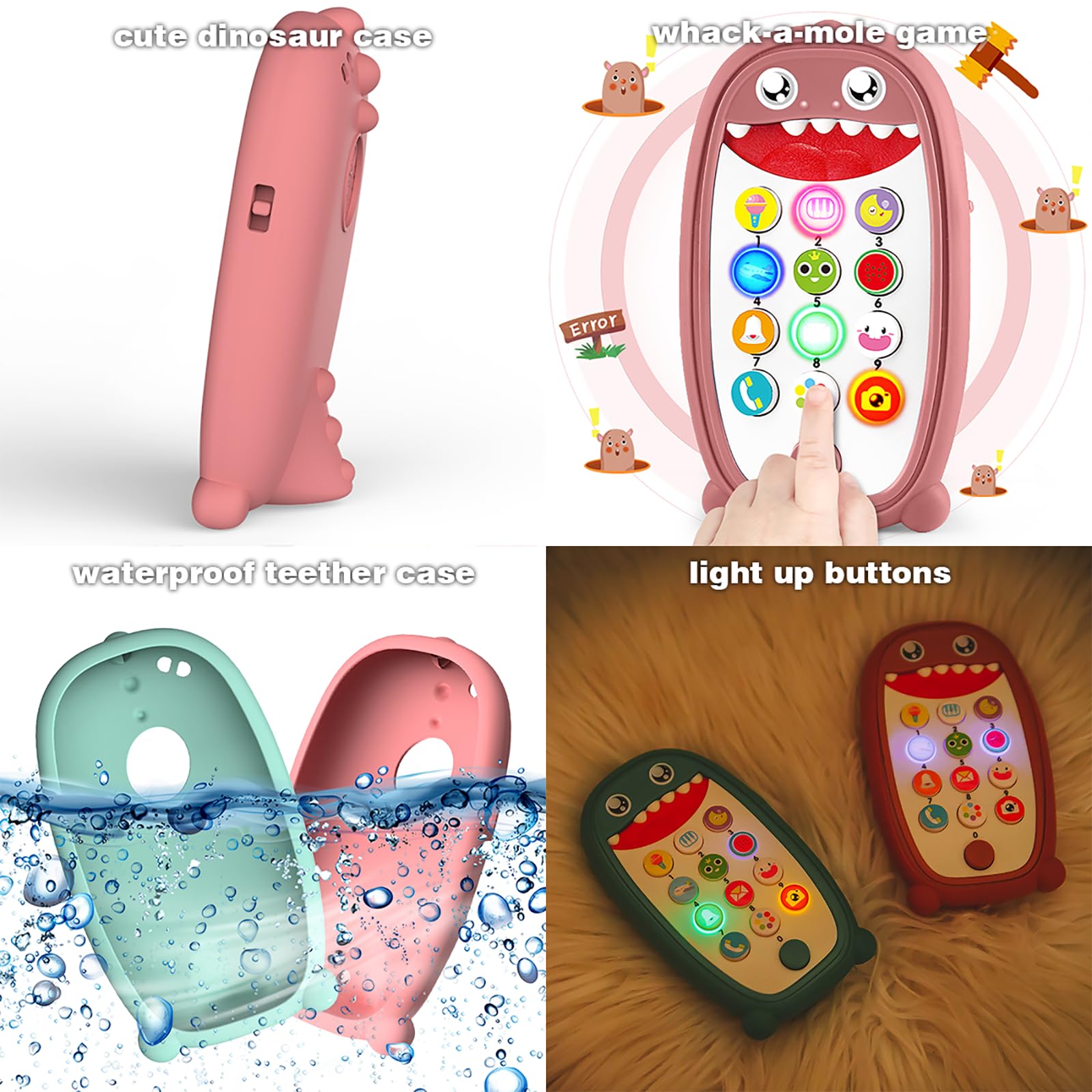 Baby Dinosaur Cell Phone Toy Removable Soft Teether Case, Lights, Music & Adjustable Volume Kids Play & Learn Pretend Phone Infant Toddler, Preschool Holiday Birthday Gift Girl Boy 18 Months (Brown)