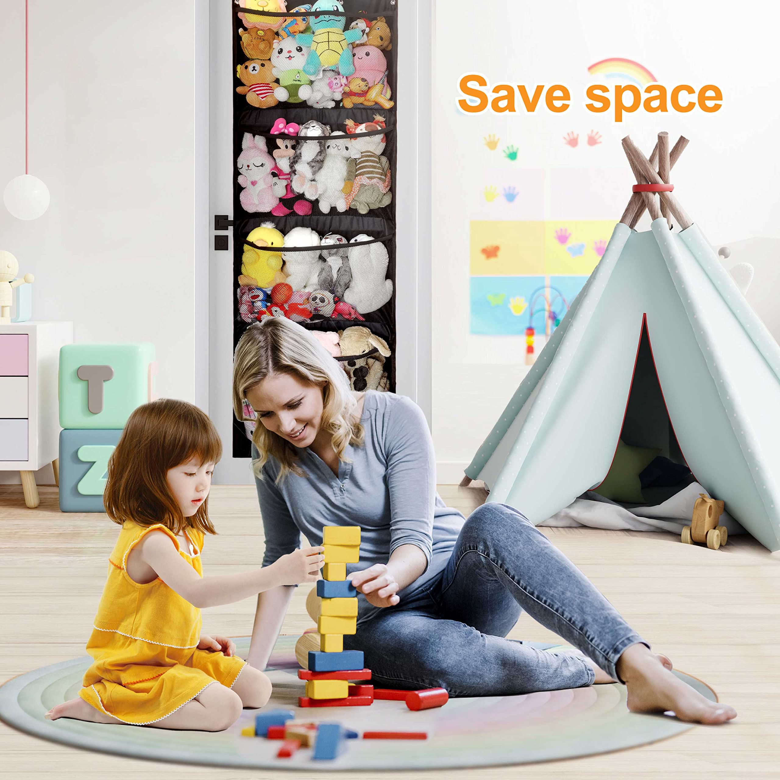 Adgoaler Over Door Stuffed Animal Storage, Stuff Animals Toy Organizer with 4 Large Pockets, Hanging Toy Plush Storage for Nursery, Bedroom, Easy Installation and Take (Black)