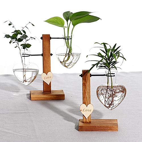 Beatae Hydroponic Glass Planter, Heart Shaped Glass Vase with Retro Solid Wood Stand Glass Flower Pot for Home Garden Office Wedding Decoration