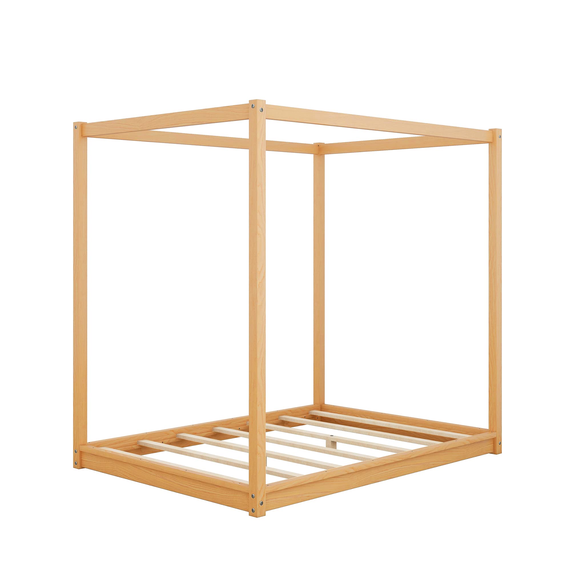 MWrouqfur 4-Poster King Size Canopy Floor Bed Frame, Morden Wood Low Profile Platform Beds with Wooden Slats Support, No Box Spring Needed (Natural)
