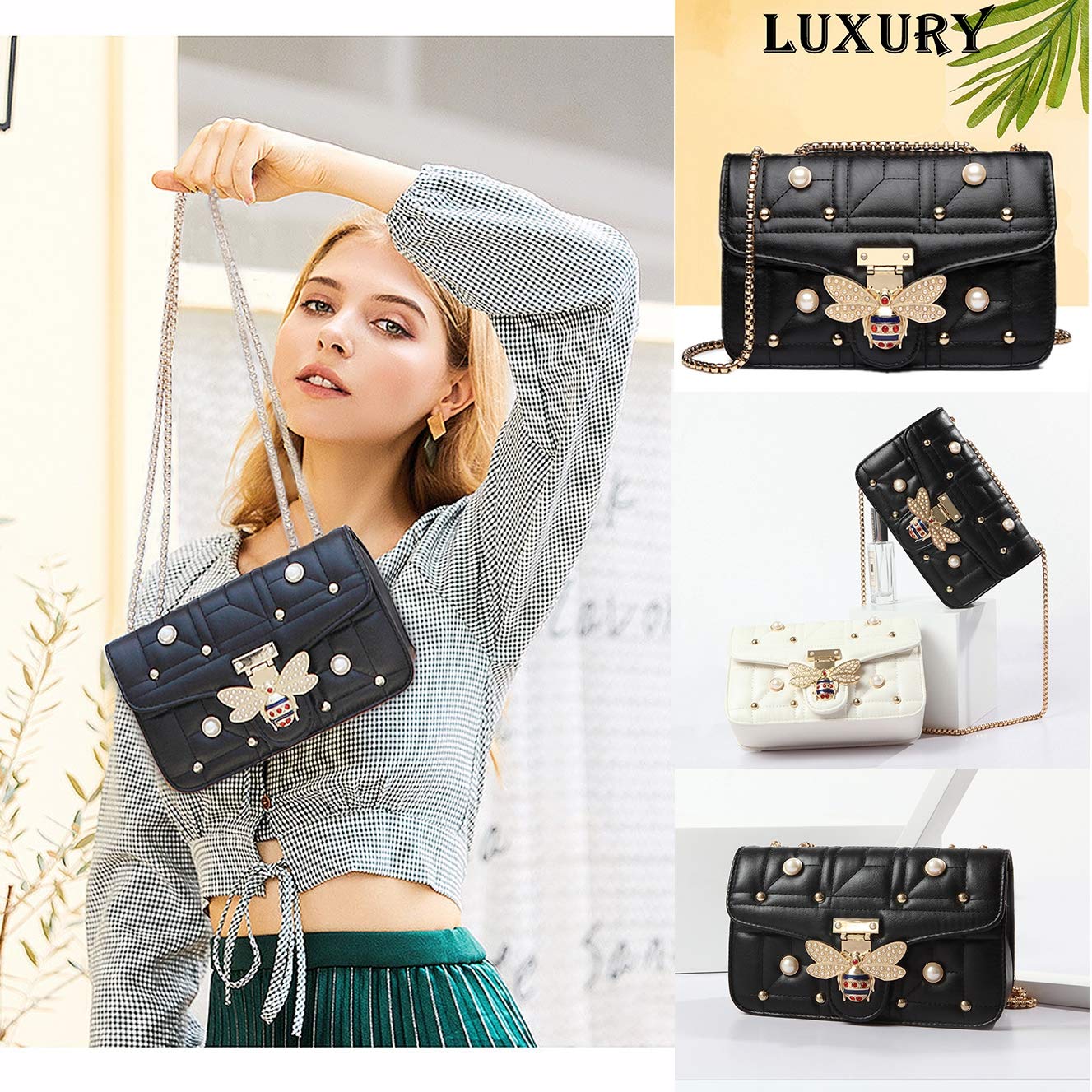 Beatfull Designer Bee Purse Shoulder Bag for Women Pear Crossbody Purse Handbag with Chain Black