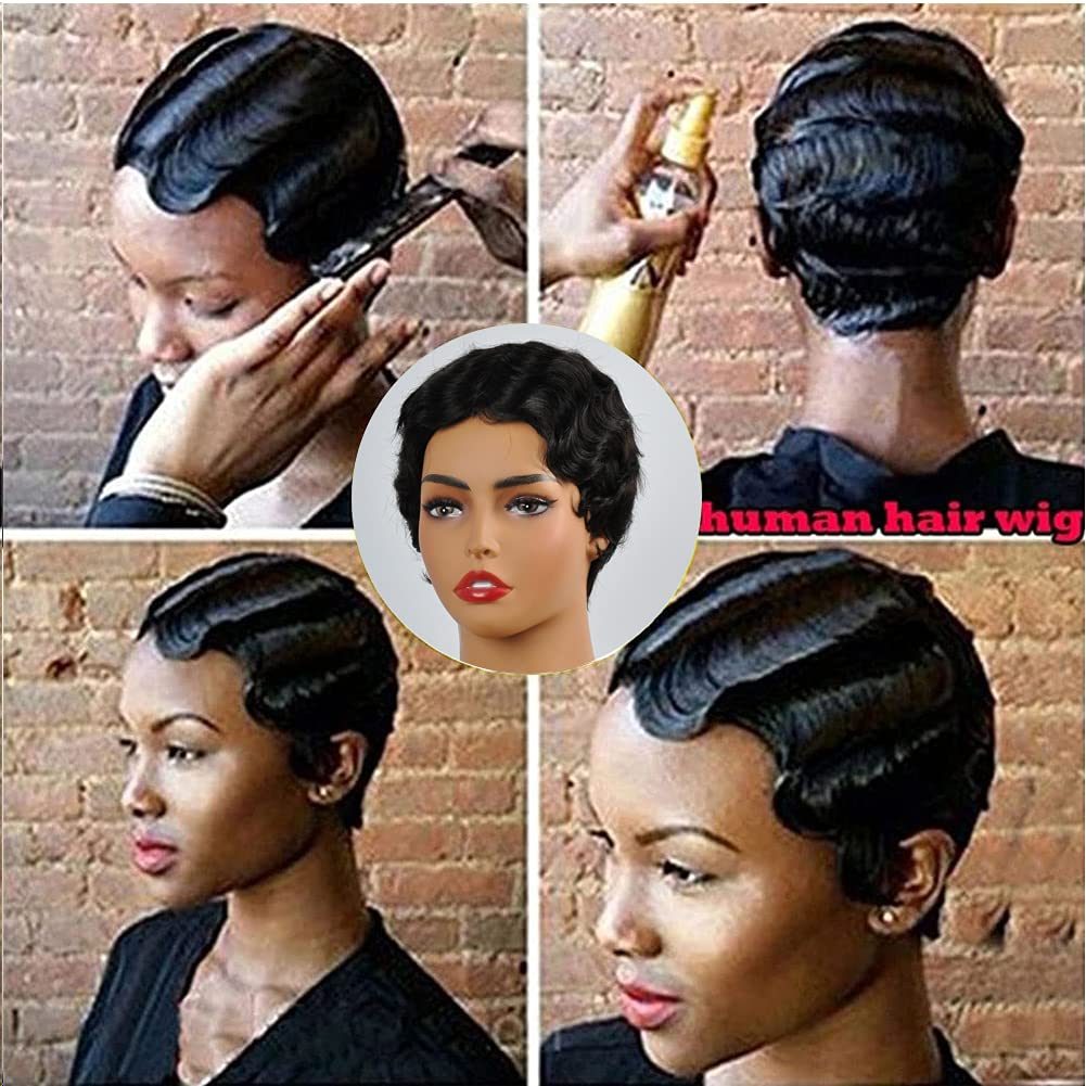 YOLANFAIRY Short Pixie Cut Wigs For Black Women Mommy Brazilian Finger Ocean Wave Remy Human Hair Cheap Wig For Party(Black 1B#)