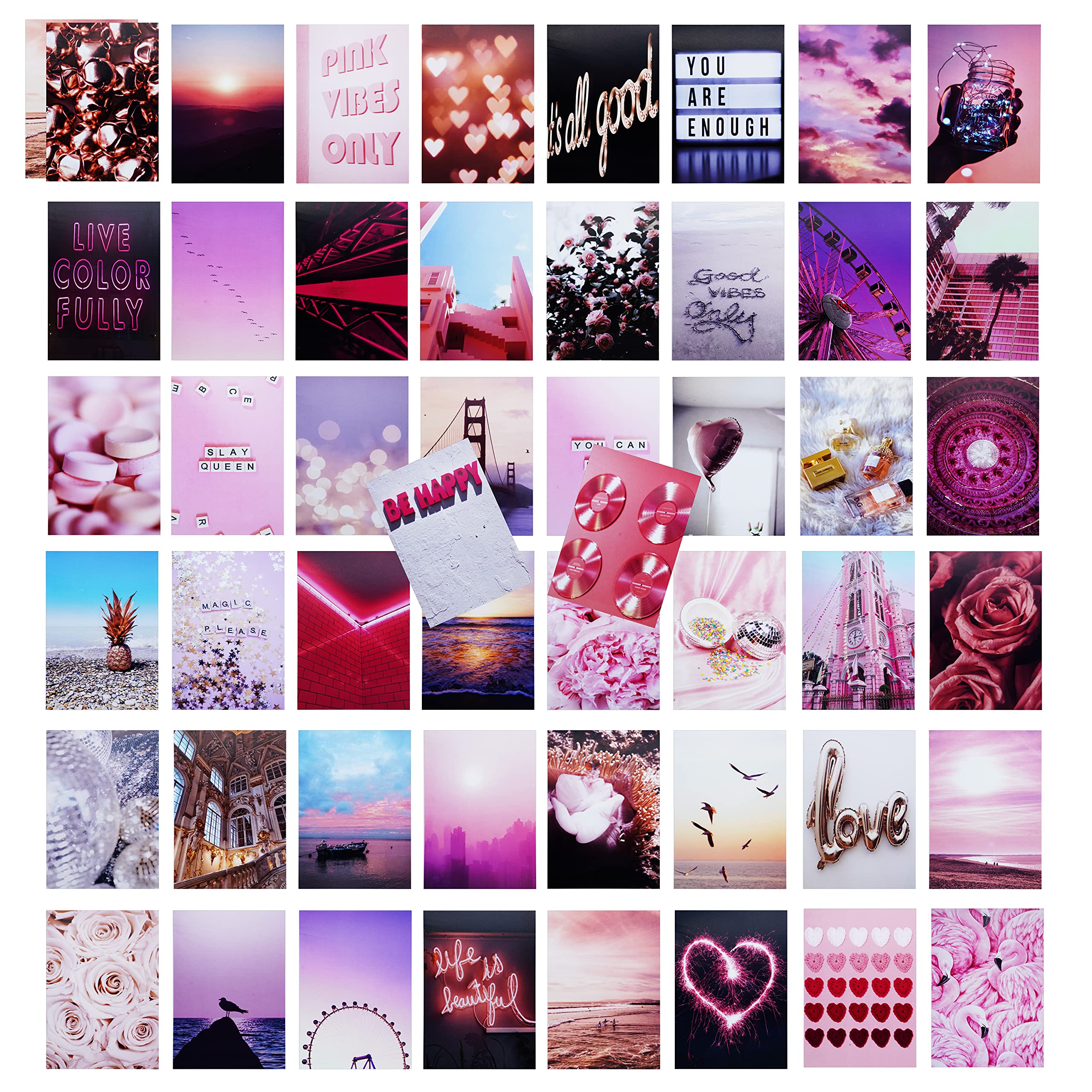 Elevation Art Photo Collage Kit for Wall Aesthetic, 55 Photos and 12 3D Butterfly Stickers. Peaceful Pink and Blue Room Decor for Teen Girl Room Decor and Dorm Rooms.