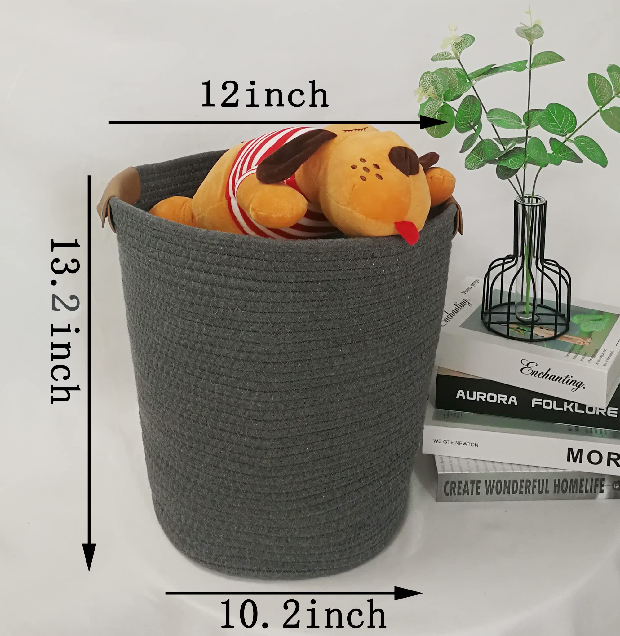 KUNRO Cotton Rope Baskets Woven Storage Organizer Round Open Dish for Jewelry Keys Toys Nursery Candy Gift Kids Room(Grey)