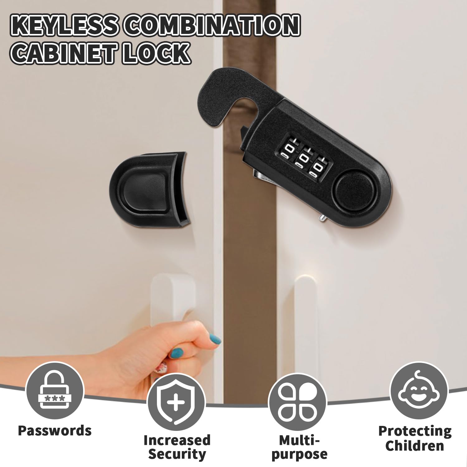 4 Pack Cabinet Locks Baby Proofing Fridge Lock Child Proof Refrigerator Lock Combination Freezer Door Lock for Knob Toddlers Kids Safety Latches, No Tools or Drilling Need - Black