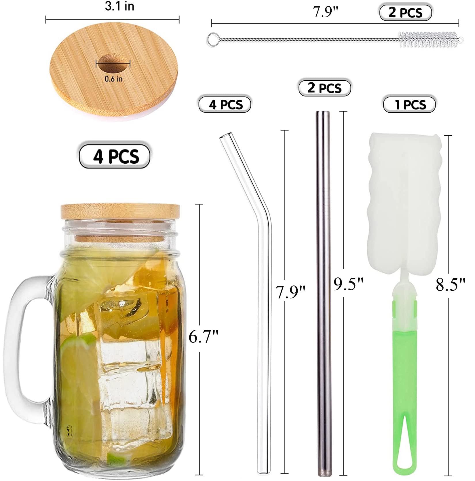 4 Pack Can Glass Set with Handle,24 OZ Mason Jar with Bamboo Lids and Glass Straws Can Shaped Glass Cups,Drinking Glasses, Pint Glasses for Smoothies, Tea, Cola, Juice,Soda (4 Pack)