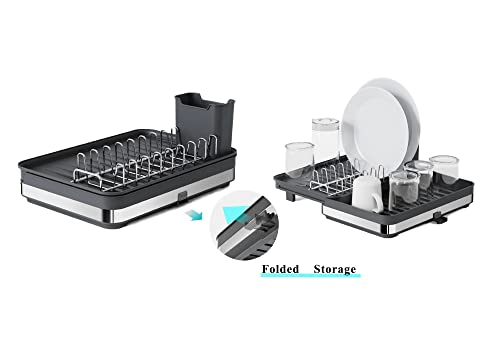 Alta by Auggie Chino Expandable Dish Drying Rack with Drainage Spout, Stainless Steel, Movable Utensil Drainer, (Black)