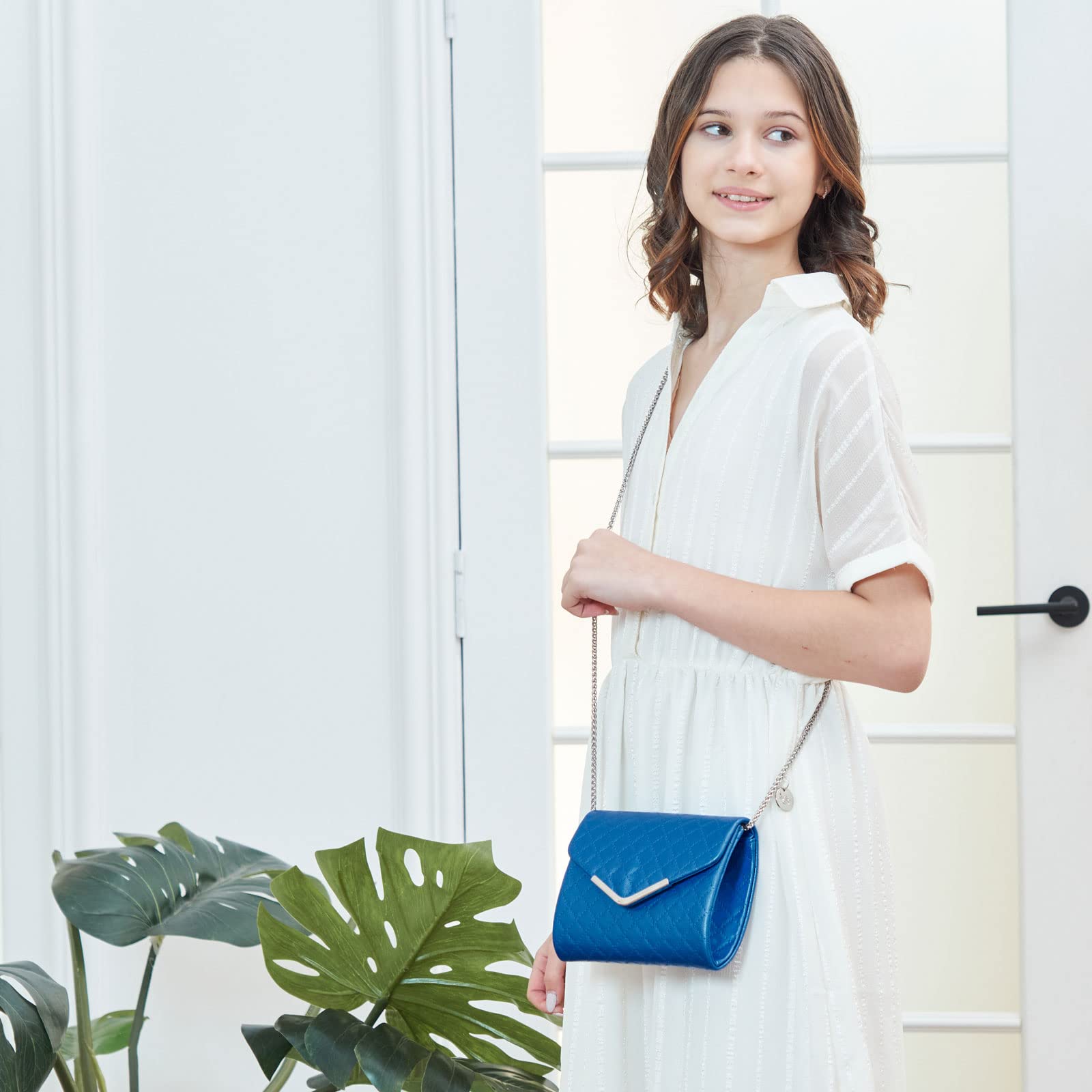 Ava&Lina Clutch Purse for Women, Silver Quilted Clutch, Adjustable Chain Quilted Crossbody (Royal Blue)