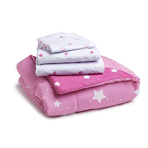 Delta Children 4 Piece Toddler Bedding Set for Girls - Reversible 2-in-1 Comforter - Includes Fitted Comforter to Keep Little Ones Snug, Bottom Sheet, Top Sheet, Pillow Case - Pink Blushing Star