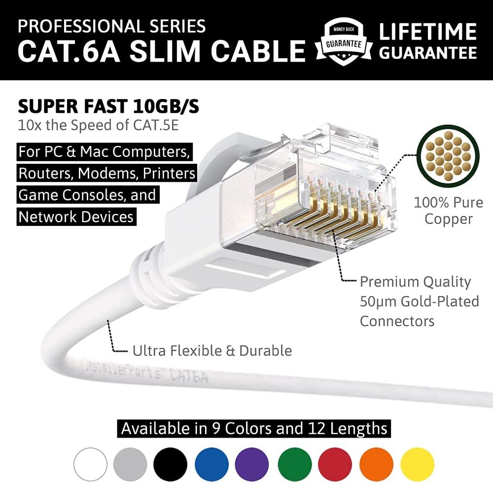 InstallerParts Ethernet Cable CAT6A Slim Cable UTP Booted 1 FT (10 Pack) - White - Professional Series - 10Gigabit/Sec Network/High Speed Internet Cable, 550MHZ, 28AWG
