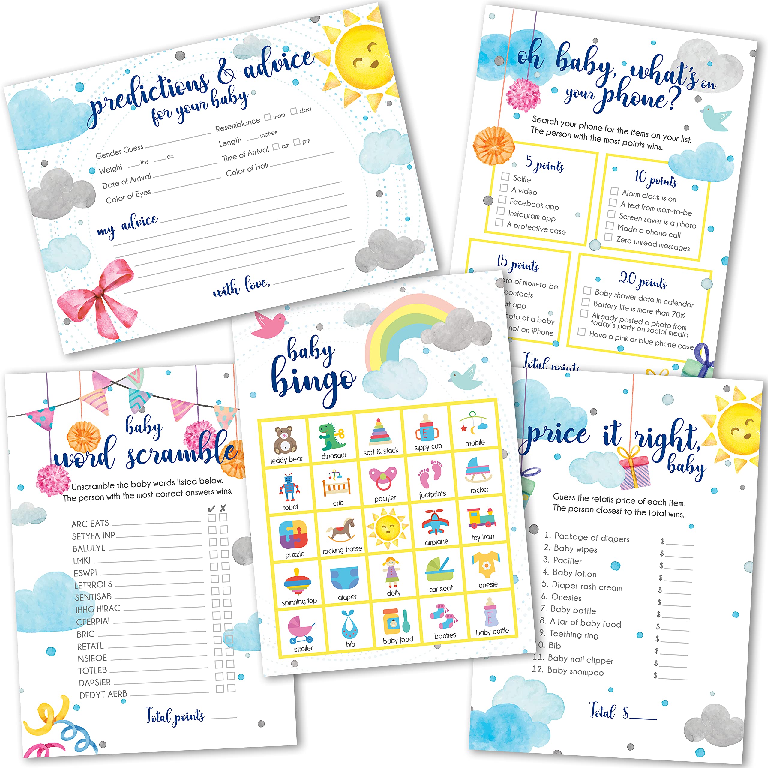 Baby Shower Games | 5 Games 50 Sheets Each 5x7 inches | Fun and Easy to Play Activities | Baby Predictions and Wishes/Advice, Bingo, What’s on Your Phone, Word Scramble and Price It Right