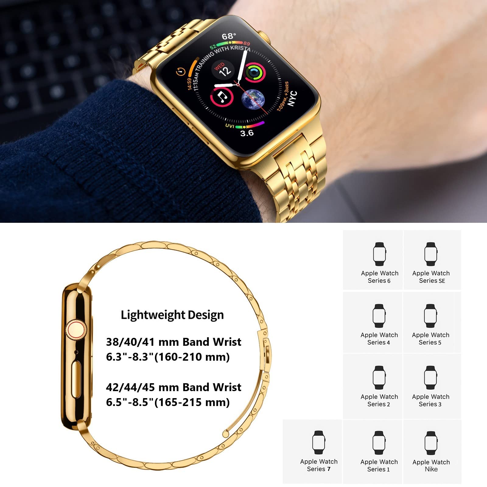 MioHHR Compatible with Apple Watch band 44mm 42mm (Not Series 10), Solid Stainless Steel Metal Strap for iWatch Series 6 5 4 3 2 1 SE, Gold