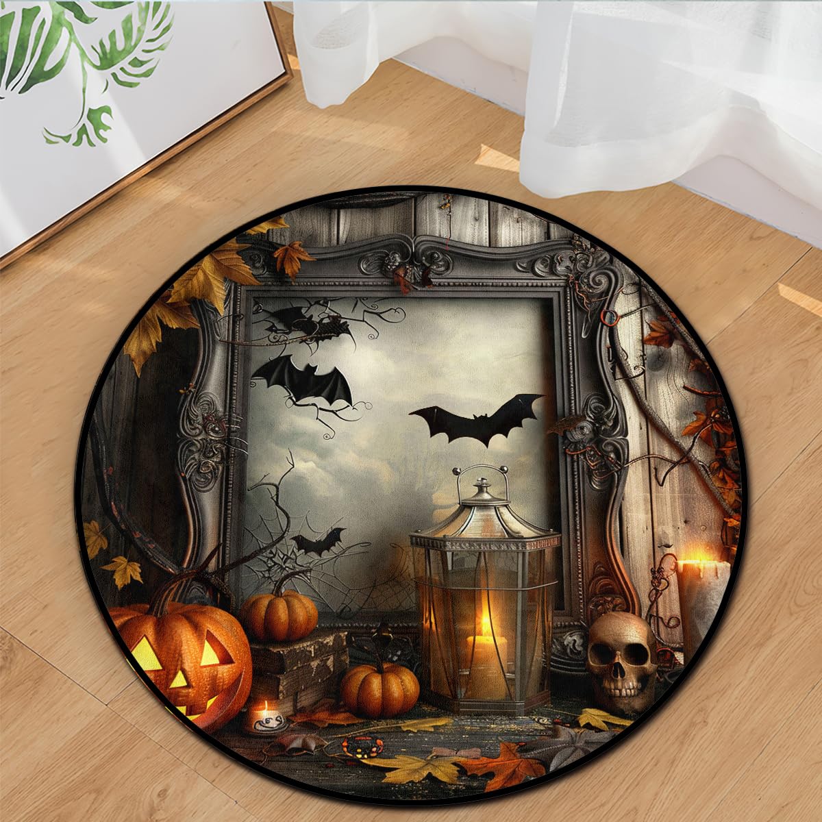 3D Pumpkin 4×4 Circle Area Rugs Halloween Round Rugs Lantern Maple Leaf 4Ft Ultra Soft Carpet,Horror Festival Themed Circular Rugs for Living Room Bathroom