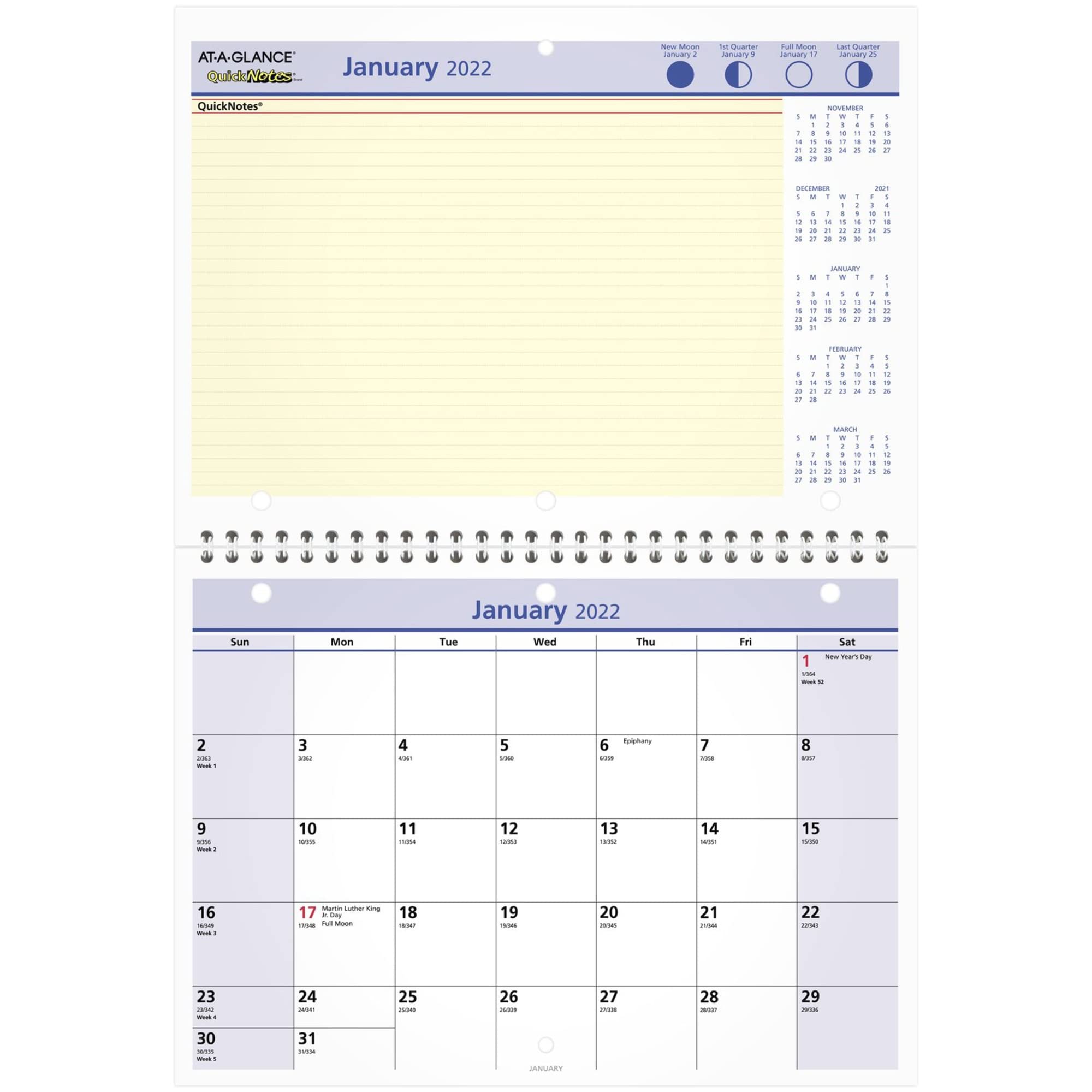 2022 Wall & Desk Calendar by AT-A-GLANCE, 11" x 8", Small, Monthly, Wirebound, QuickNotes, Daily Blocks 1-1/4” x 1-1/4” (PM5028)