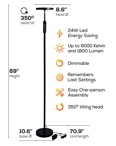 Kenley Daylight LED Floor Standing Lamp - Tall Modern Reading Task Uplight - 24W Adjustable Warm Cool Super Bright Natural Light Torchiere for Living Room, Dorm, Bedroom or Office - Dimmable - Black