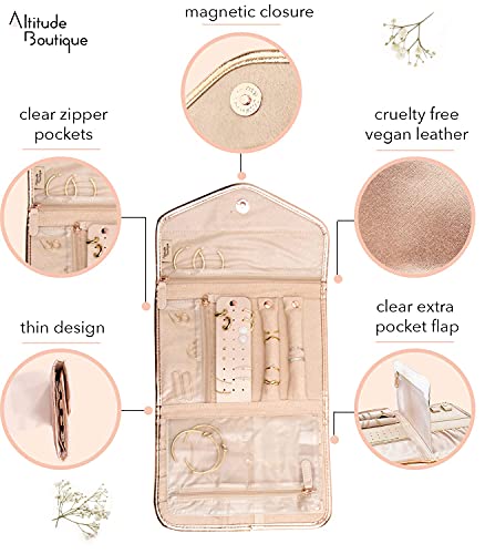 Altitude Boutique Travel Jewelry Organizer Roll Foldable Jewelry Case for Journey Packing Vacation-Rings, Necklaces, Bracelets, Earrings (Rose Gold, Medium)