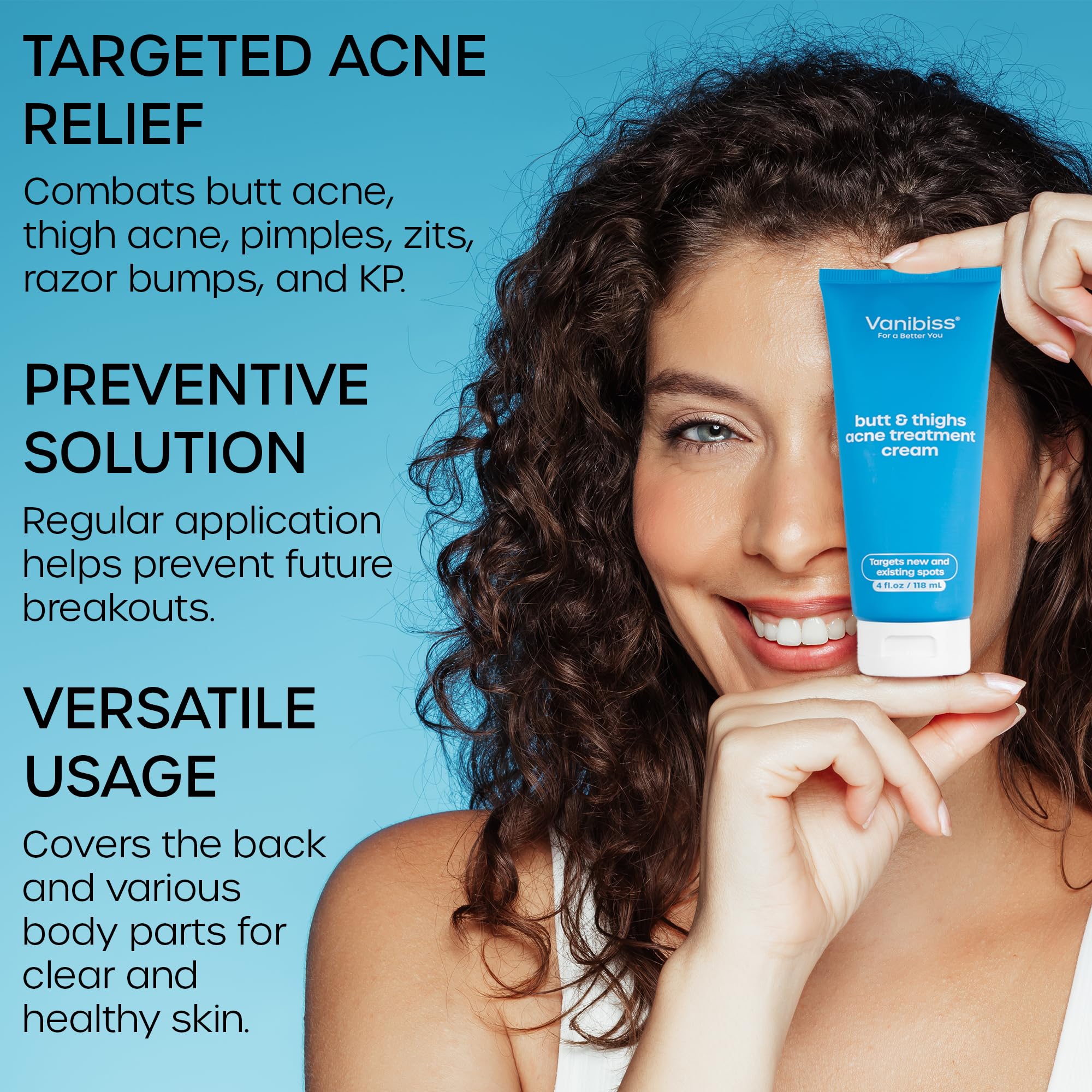 Vanibiss Butt & Thighs Acne Treatment Cream - Reduce Butt Acne, Pimples & Zits - Buttocks Acne Cream - Butt Acne Clearing Lotion - Butt Cream for Bum Acne - 2% Salicylic Acid for Acne Prone Skin (4oz)