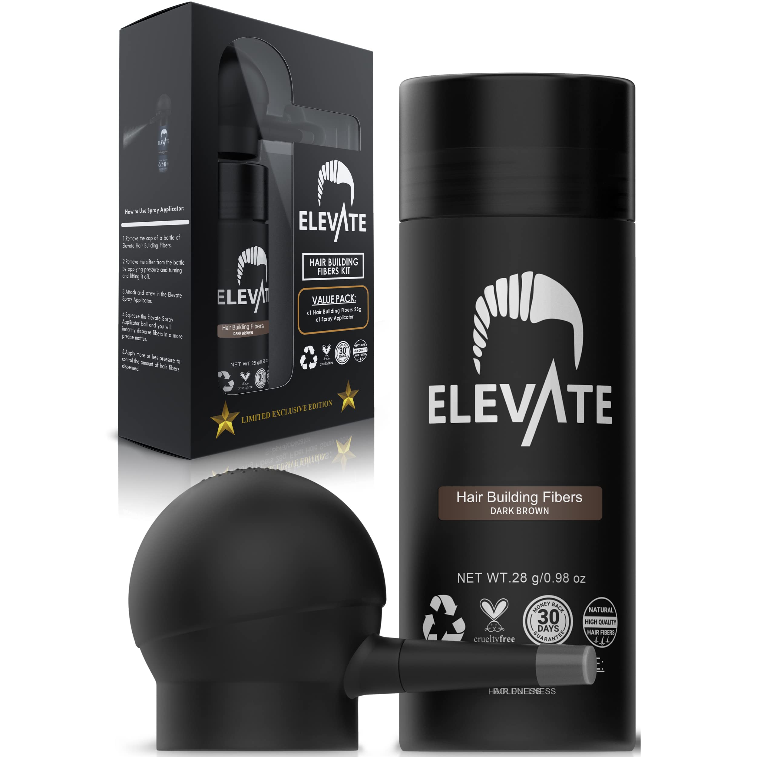 ELEVATE Hair Perfecting 2-in-1 Kit | Set Includes Natural Hair Thickening Fibers & Spray Applicator Pump Nozzle | Instantly Conceal & Thicken Thinning or Balding Hair Areas for Men Women (Dark Brown)
