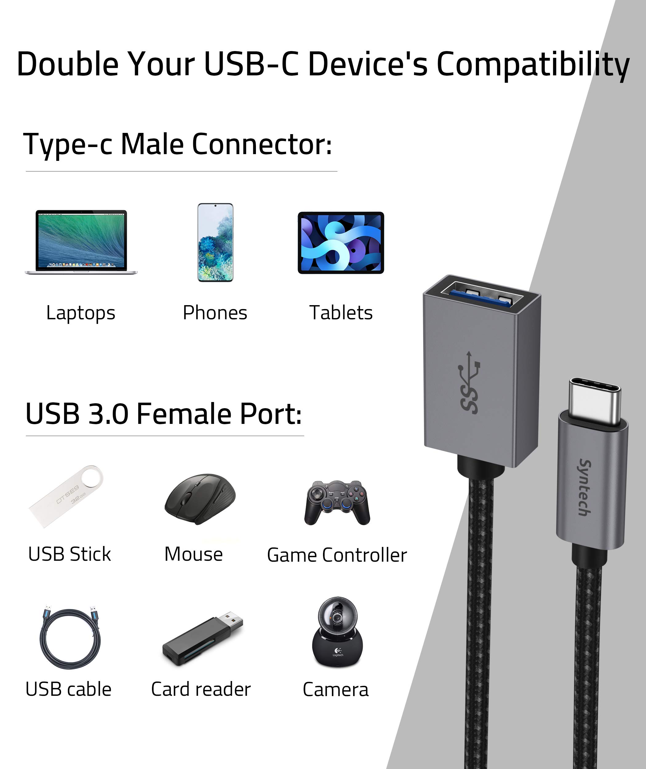 Syntech USB C to USB Adapter, 2 Pack USB C to USB3 Adapter,Thunderbolt 3 to USB Female Adapter OTG Cable Compatible with iPhone 16/15 Pro Max, iPad Air 2020, MacBook Pro, Air and More Space Gray