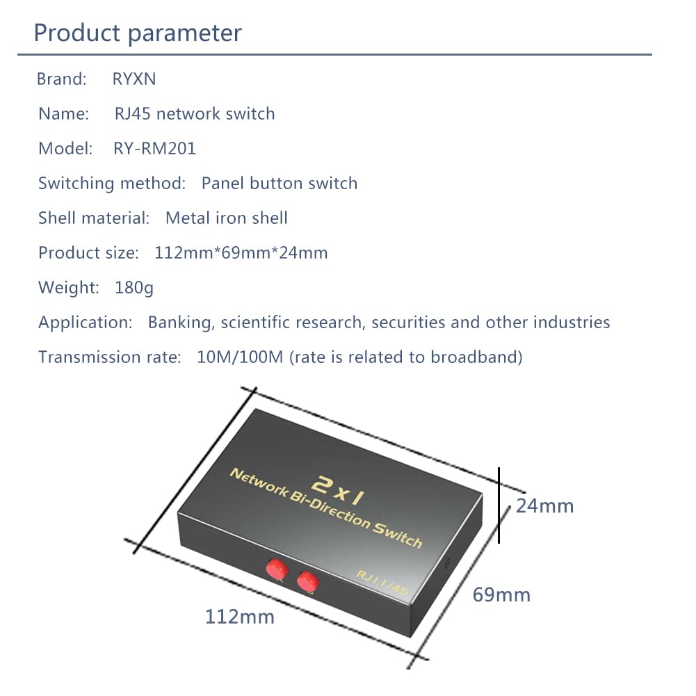 RJ45 Network Switch Selector 2 in 1 Out or 1 in 2 Out, Ethernet Switch 2 Port, 2 Port Network Hub 100/500M, Metal Shell
